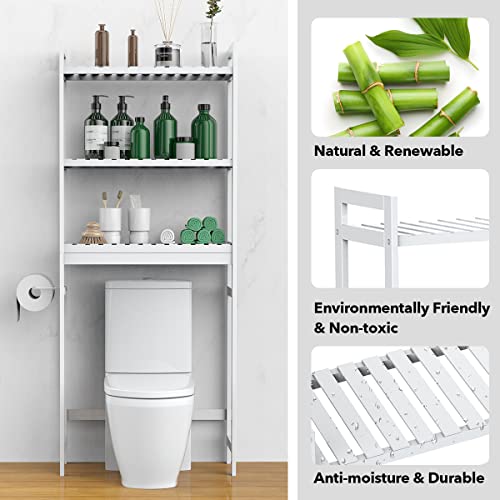 Purbambo Over The Toilet Storage, 3-Tier Bamboo Shelf Organizer Storage Rack with Toilet Paper Holder & 3 Hooks for Bathroom, Balcony, Porch, Laundry - White