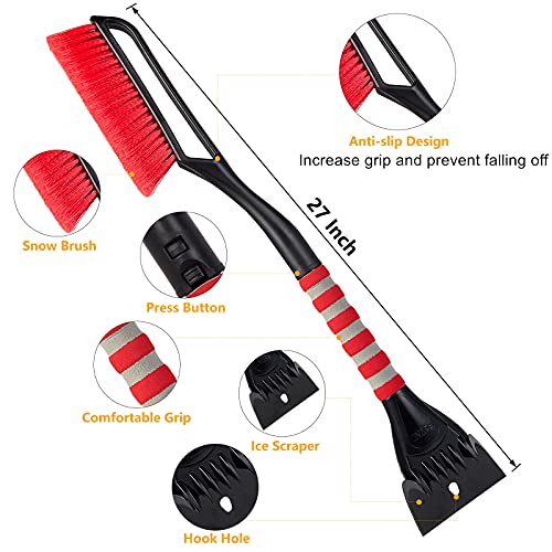 FOVAL 27" Snow Brush with Wider Ice Scraper (4.73" Width)(2 Pack), Snow Removal Car Brush with Comfortable Foam Grip for Cars, Trucks, SUVs, Windshield (Heavy Duty ABS, PVC Brush)(Red)