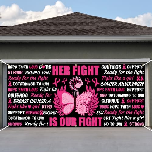 Avezano Breast Cancer Awareness Garage Door Banner 6x13Ft Her Fight is Our Fight October Breast Cancer Decoration Pink Ribbon Butterfly Powerful Fist Backdrop Outdoor Decor (157.48" L x 72.83" W)