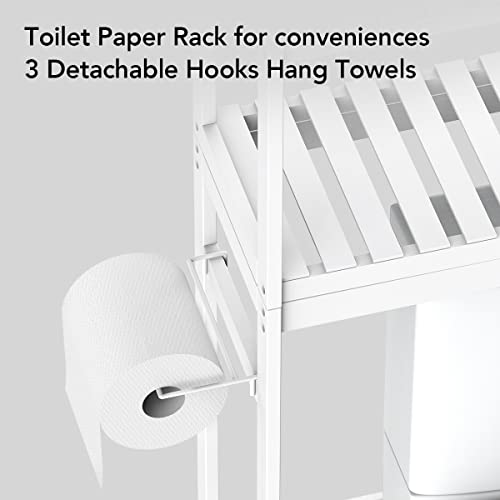 Purbambo Over The Toilet Storage, 3-Tier Bamboo Shelf Organizer Storage Rack with Toilet Paper Holder & 3 Hooks for Bathroom, Balcony, Porch, Laundry - White