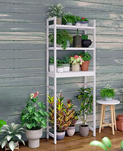 Purbambo Over The Toilet Storage, 3-Tier Bamboo Shelf Organizer Storage Rack with Toilet Paper Holder & 3 Hooks for Bathroom, Balcony, Porch, Laundry - White