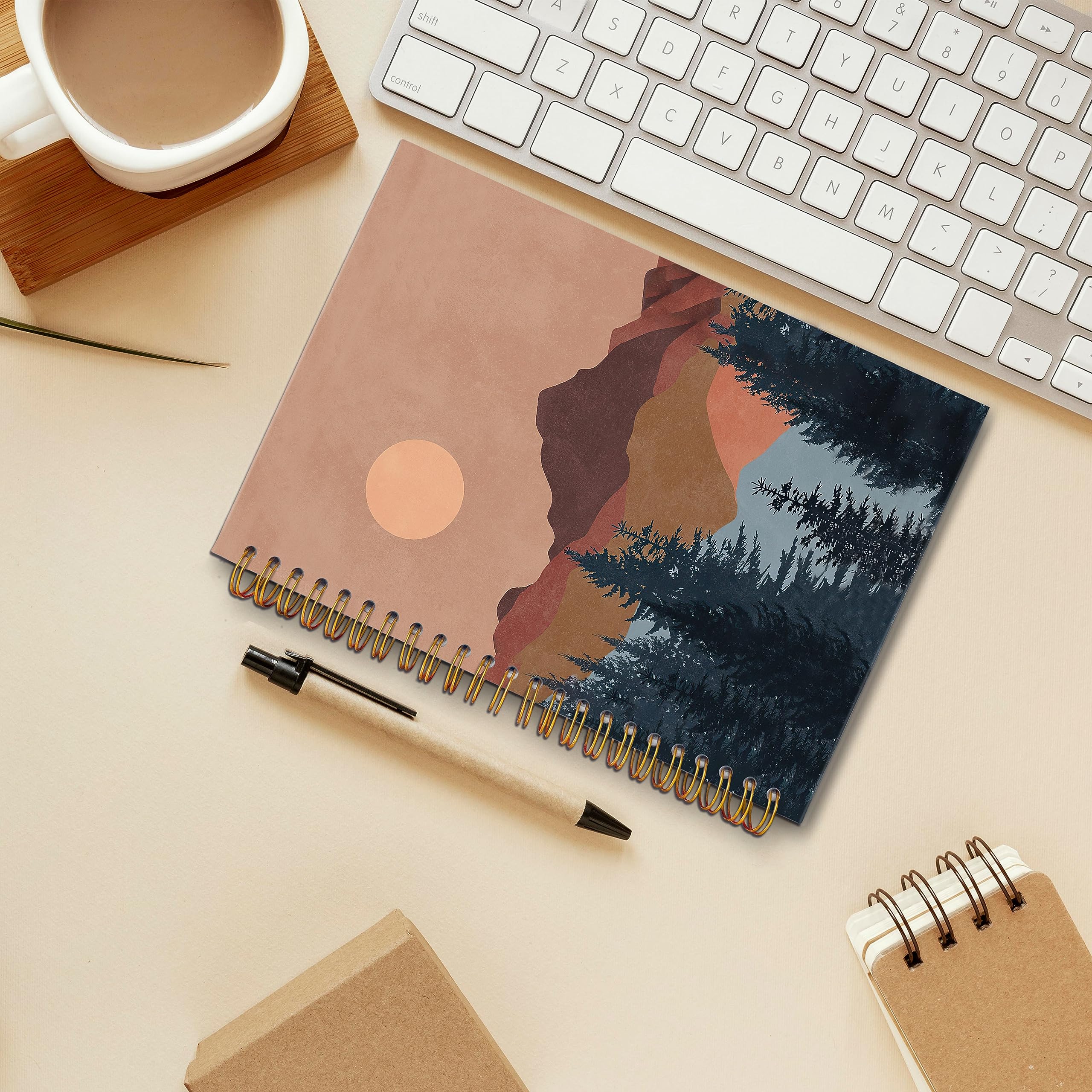 Lacosu Abstract Boho Sun Mountain Spiral Notebook,Laminated Hard Cover,College Ruled 5.5×8.3 Inches,Office College Supply,Journal Notebooks for Journaling Writing Work Office College,Boho Gifts