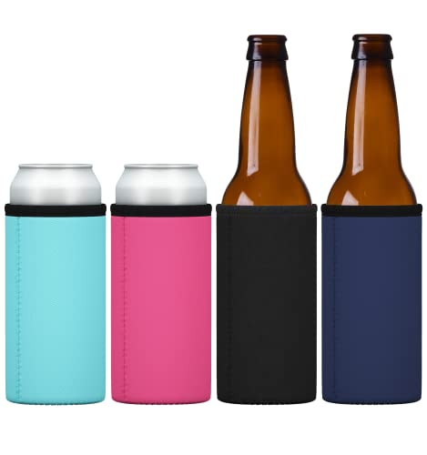 TahoeBay Slim Can Coolers (4-Pack) Extra Thick 5mm Neoprene - Blank Sleeves for Cans and Longneck Beer Bottles (Multicolor)