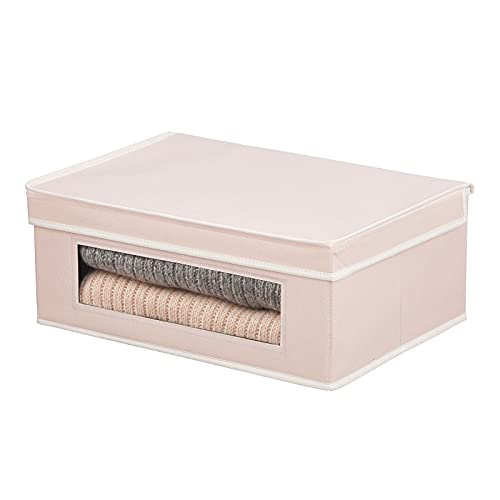 mDesign Fabric Stackable Slim Shelf Storage Organizer Box with Window/Attached Lid for Organizing Bedroom Closet - Holds Purses, Linens, Accessories - Jane Collection - 6 Pack, Pink/White