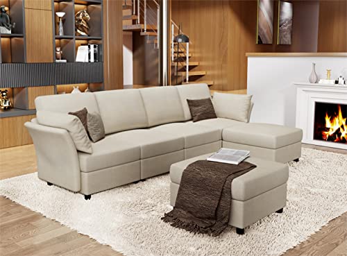 VanAcc Sectional Couch 6 Seats, Modular Sectional Sofa U Shaped sectional with Ottomans, Reversible Sofa Couch for Living Room, Beige Chenille