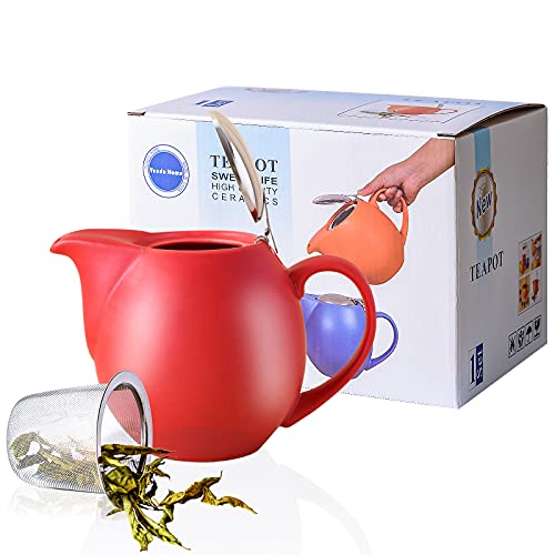 Yundu 32 ounce Red Porcelain Tea Pot - Stainless Steel Lid and Fine Infuser To Brew Loose Leaf Tea, Enough For 4 Cups