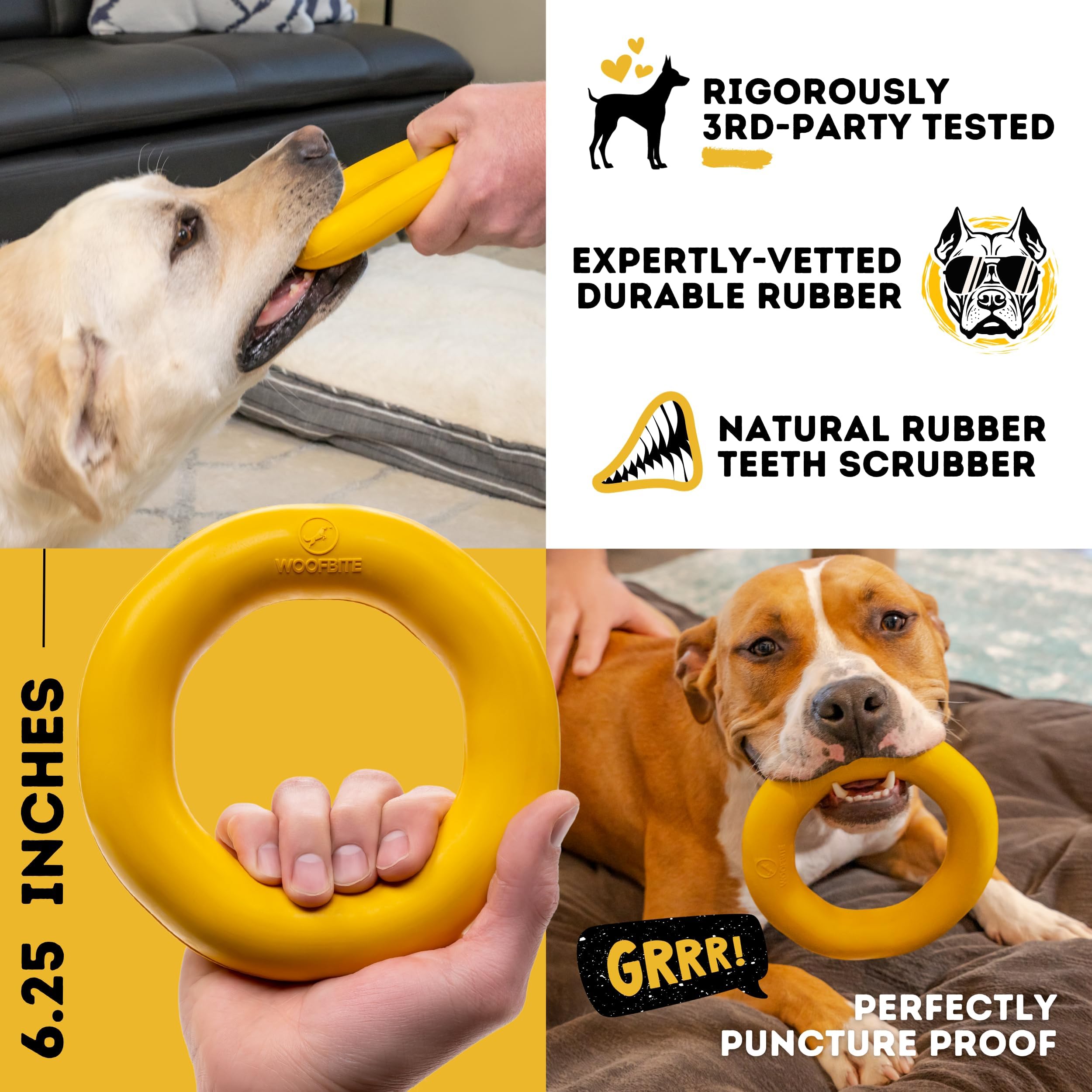 WoofBite "Indestructible Ring Dog Toy - Lifetime Replacement - Medium & Large Breed - Durable for Aggressive Chewers - Tough & Strong, Heavy Duty Natural Rubber - Fetch, Tug, & Chew - 6.5in.