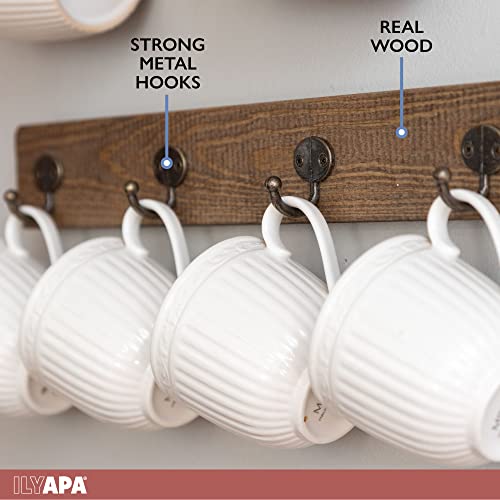 Ilyapa Rustic Wooden Coffee Mug Rack, Wall Mounted Mug Holder for Cups - 12 Hook Brown Wooden Display Rack for Kitchen Storage and Mug Collection