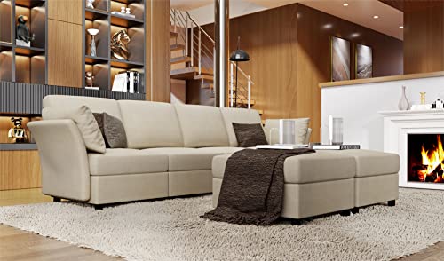 VanAcc Sectional Couch 6 Seats, Modular Sectional Sofa U Shaped sectional with Ottomans, Reversible Sofa Couch for Living Room, Beige Chenille
