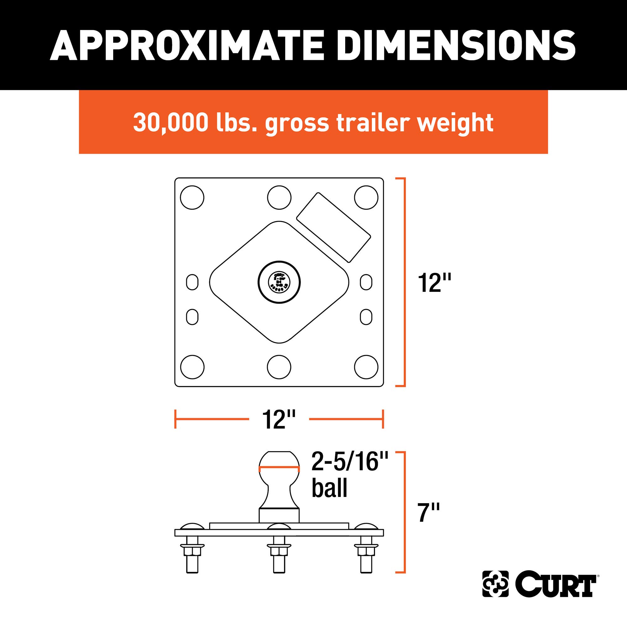 CURT 61100 Over-Bed Fixed Ball Gooseneck Hitch, 30,000 lbs, 2-5/16-Inch Ball , Black