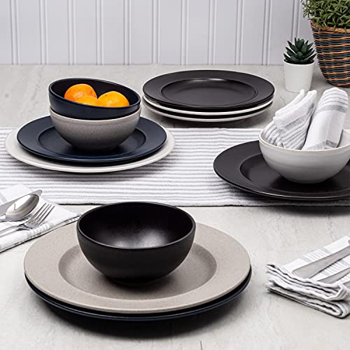 12 Piece Dinnerware Set By Glavers Service For 4, Round Black Matte Dishes β High-End Portuguese Quality Stoneware Set β Includes 4 Dinner Plates 4 Salad Plates, And 4 Bowls Dishwasher Microwave safe.