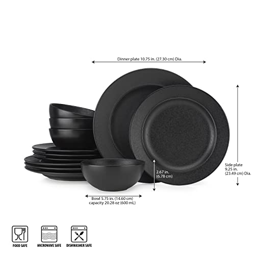 12 Piece Dinnerware Set By Glavers Service For 4, Round Black Matte Dishes β High-End Portuguese Quality Stoneware Set β Includes 4 Dinner Plates 4 Salad Plates, And 4 Bowls Dishwasher Microwave safe.
