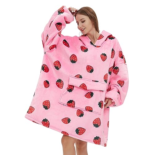 Fiosnow Strawberry Blanket Hoodies for Women and Men Adult Oversize Wearable Blanket Hoodies for Soft and Warm