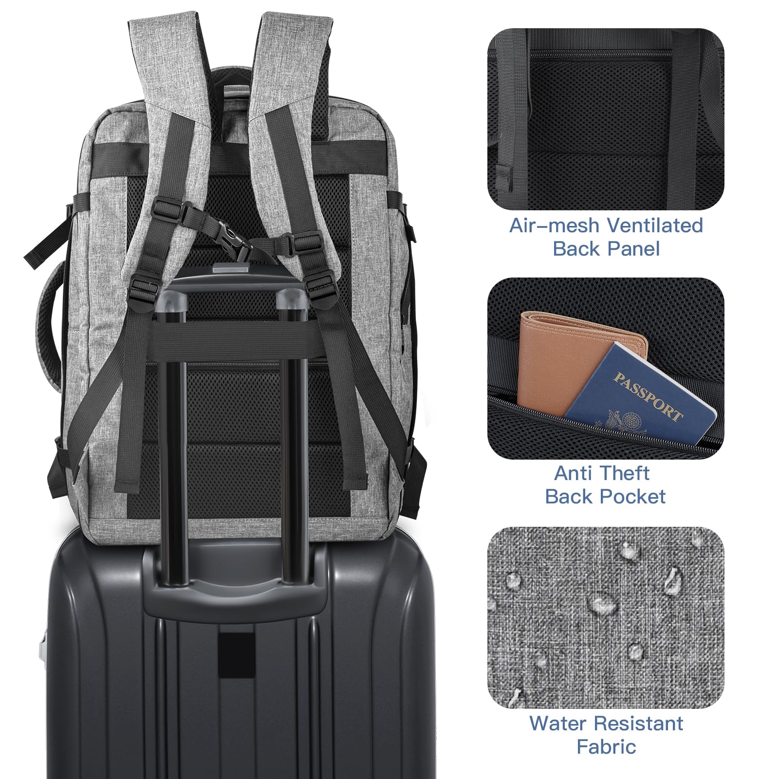 Gieury Carry On Backpack, Extra Large 40-50L Travel Backpack Men & Women, Expandable Backpack Airplanes, 17 Inch Laptop Backpack, Luggage Backpack 40L Daypack Lightweight Business Weekender Bag, Grey
