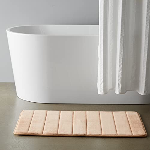 Spotgrowth Non-Slip Memory Foam Bath Mat for Bathroom Rugs 24 x36 Inches Super Cozy Soft Non-Slip Coral Velvet Striped Bathroom Mat and Machine Washable,Beige