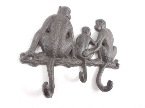 Handcrafted Nautical Decor Cast Iron Sitting Monkey Family Decorative Metal Wall Hooks 8"