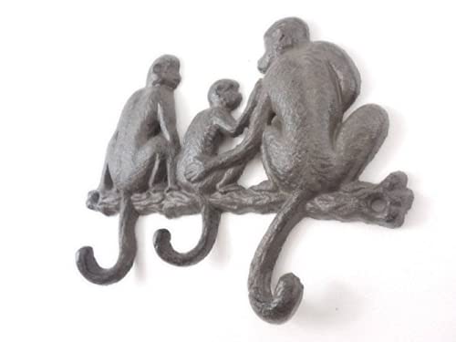 Handcrafted Nautical Decor Cast Iron Sitting Monkey Family Decorative Metal Wall Hooks 8"
