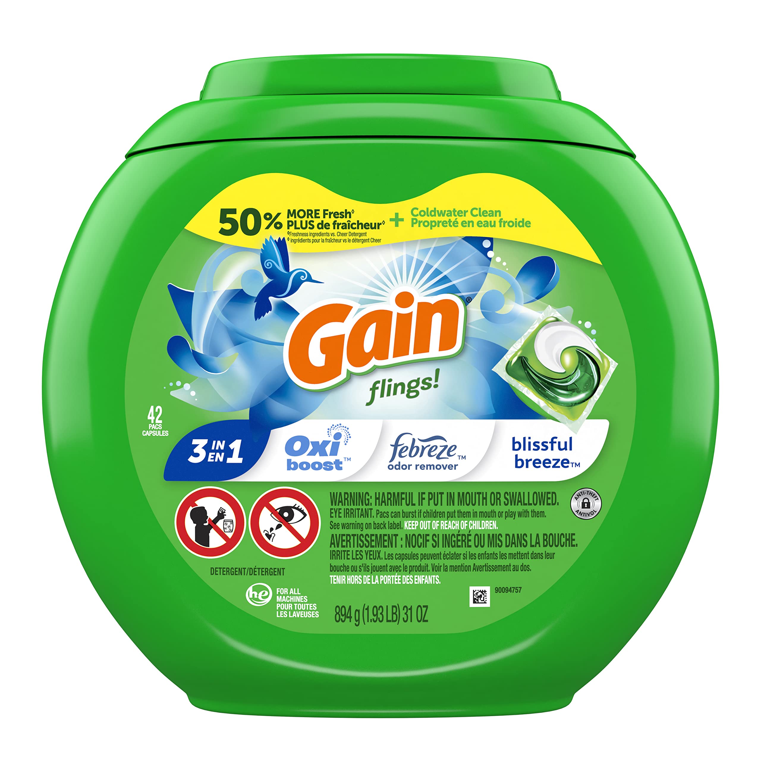 Gain flings Laundry Detergent Soap Pacs, HE Compatible, 42 Count, Long Lasting Scent, Blissful Breeze Scent (Pack of 2)