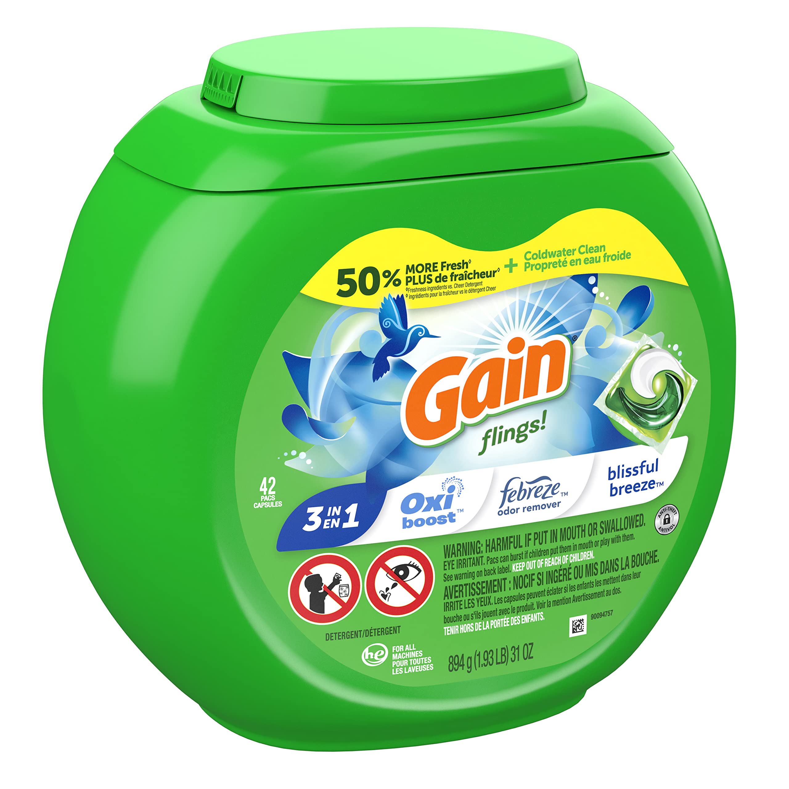 Gain flings Laundry Detergent Soap Pacs, HE Compatible, 42 Count, Long Lasting Scent, Blissful Breeze Scent (Pack of 2)