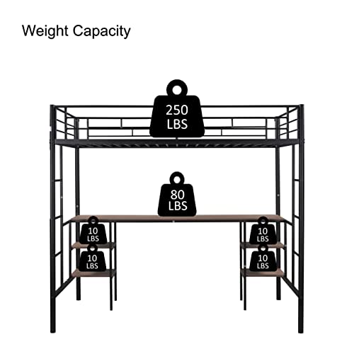 Metal Twin Loft Bed with Desk and Storage Shelves, Space-Saving Bed Frame with 2 Side Ladders and Safety Guard Rails for Kids Teens Adults, No Box Spring Needed