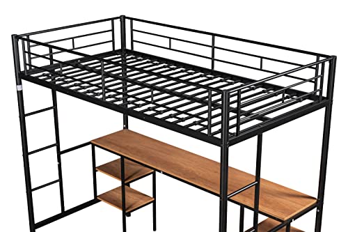 Metal Twin Loft Bed with Desk and Storage Shelves, Space-Saving Bed Frame with 2 Side Ladders and Safety Guard Rails for Kids Teens Adults, No Box Spring Needed