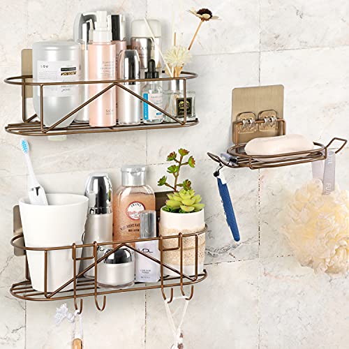 Ekero Shower Caddy Shower Organizer Shelf,Rustproof Shower Rack,No Drilling Shower Basket Adhesive Wall Mounted,Soap Holder with Hooks,Shower Storage for Bathroom Shower Kitchen 3-pack Bronze