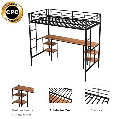 Metal Twin Loft Bed with Desk and Storage Shelves, Space-Saving Bed Frame with 2 Side Ladders and Safety Guard Rails for Kids Teens Adults, No Box Spring Needed