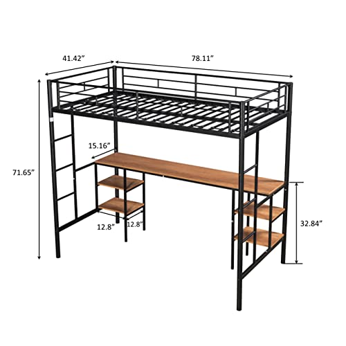 Metal Twin Loft Bed with Desk and Storage Shelves, Space-Saving Bed Frame with 2 Side Ladders and Safety Guard Rails for Kids Teens Adults, No Box Spring Needed