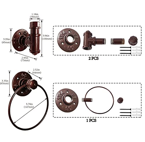 3 Pack Industrial Pipe Bathroom Hardware Accessories Set, Include 2Robe Coat Towel Hook and 1 Towel Ring Threaded Wall Mounted Rustic Decor Accessories Kit(Bronze)