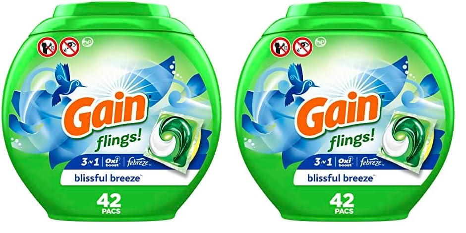 Gain flings Laundry Detergent Soap Pacs, HE Compatible, 42 Count, Long Lasting Scent, Blissful Breeze Scent (Pack of 2)