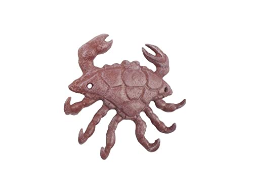Red Whitewashed Cast Iron Decorative Crab with Six Metal Wall Hooks 7"