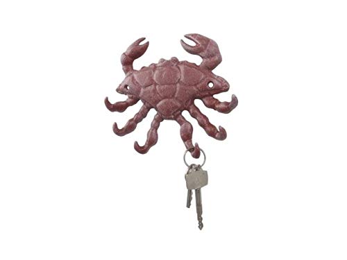Red Whitewashed Cast Iron Decorative Crab with Six Metal Wall Hooks 7"