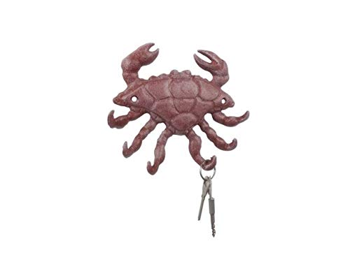 Red Whitewashed Cast Iron Decorative Crab with Six Metal Wall Hooks 7"