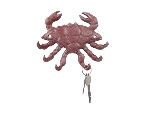 Red Whitewashed Cast Iron Decorative Crab with Six Metal Wall Hooks 7"