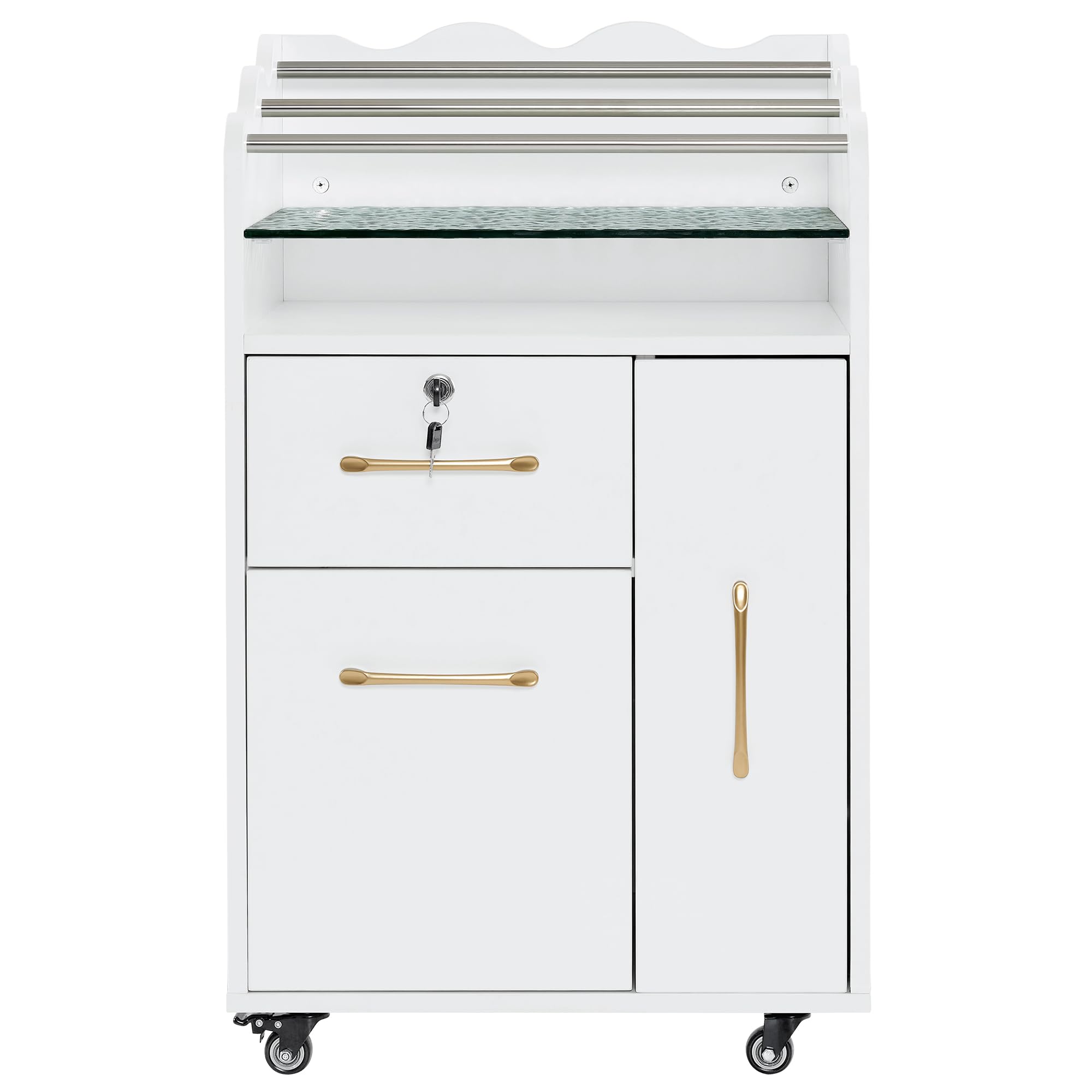 BarberPub Salon Cart with Storage Drawer Cabinet Barber Trolley with Wheels Rolling Salon Cart for Hair Stylist Beauty Organizer 2045 (White)