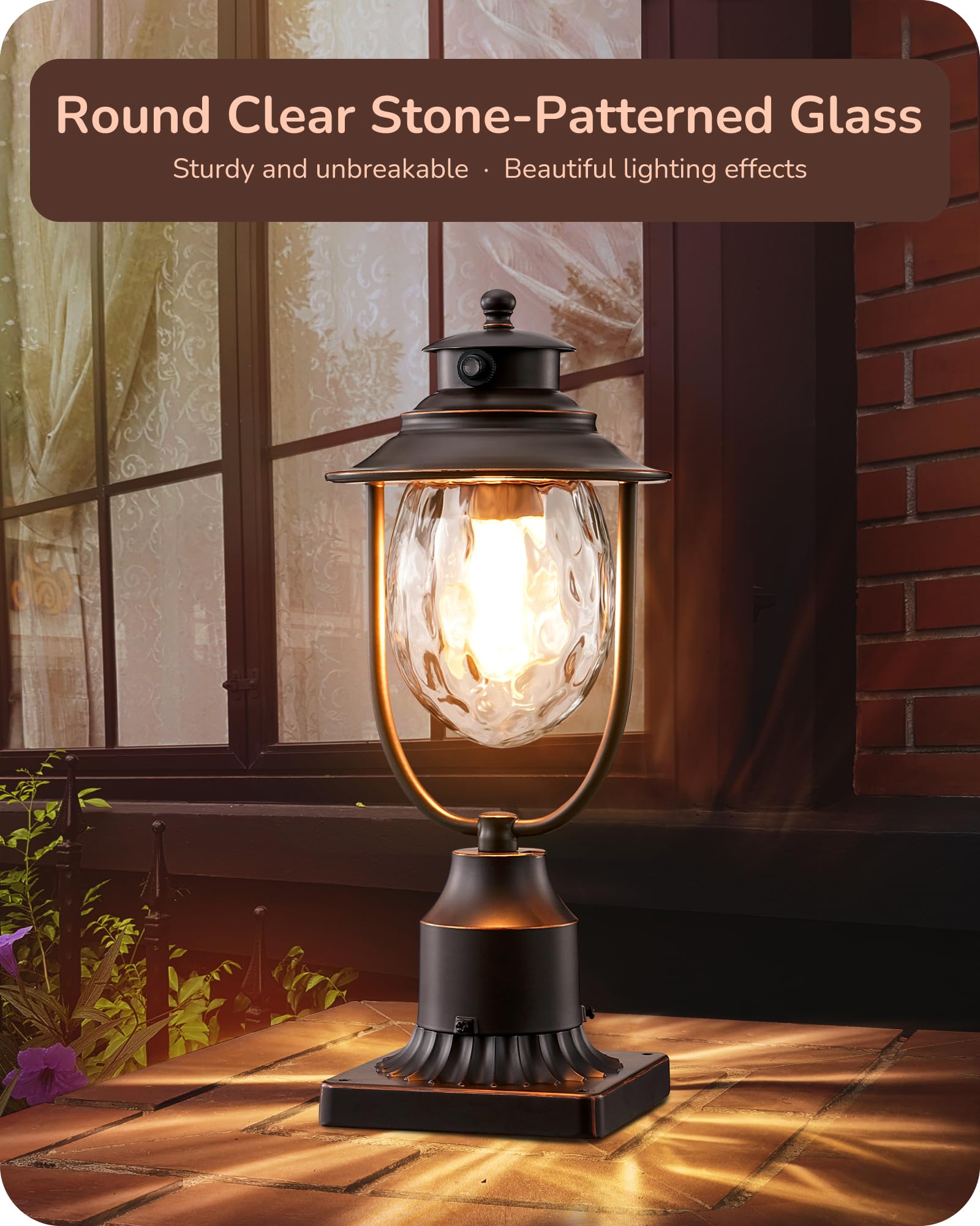 EDISHINE Dusk to Dawn Outdoor Post Light, Pole Light Fixture with Pier Mount Base, Waterproof Exterior Lamp Post Lantern Head with Water Ripple Glass for Driveway Yard Fence Garden Patio, Bronze