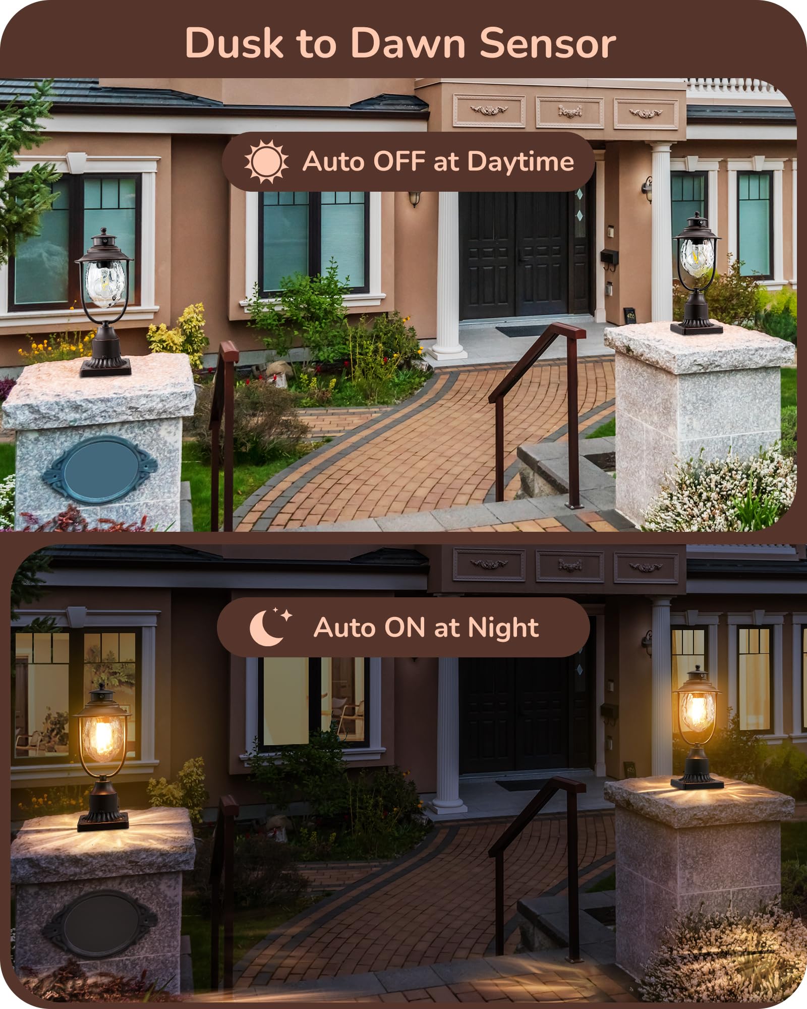 EDISHINE Dusk to Dawn Outdoor Post Light, Pole Light Fixture with Pier Mount Base, Waterproof Exterior Lamp Post Lantern Head with Water Ripple Glass for Driveway Yard Fence Garden Patio, Bronze