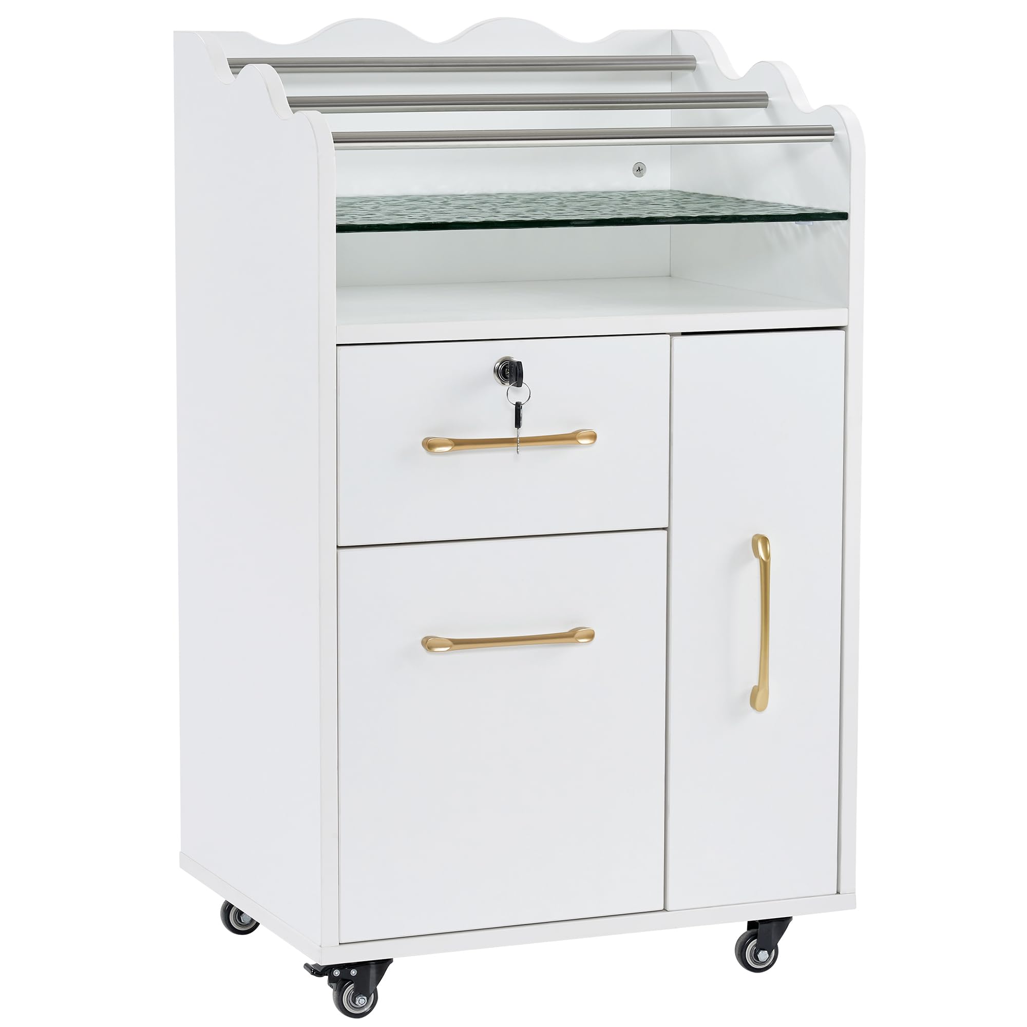 BarberPub Salon Cart with Storage Drawer Cabinet Barber Trolley with Wheels Rolling Salon Cart for Hair Stylist Beauty Organizer 2045 (White)