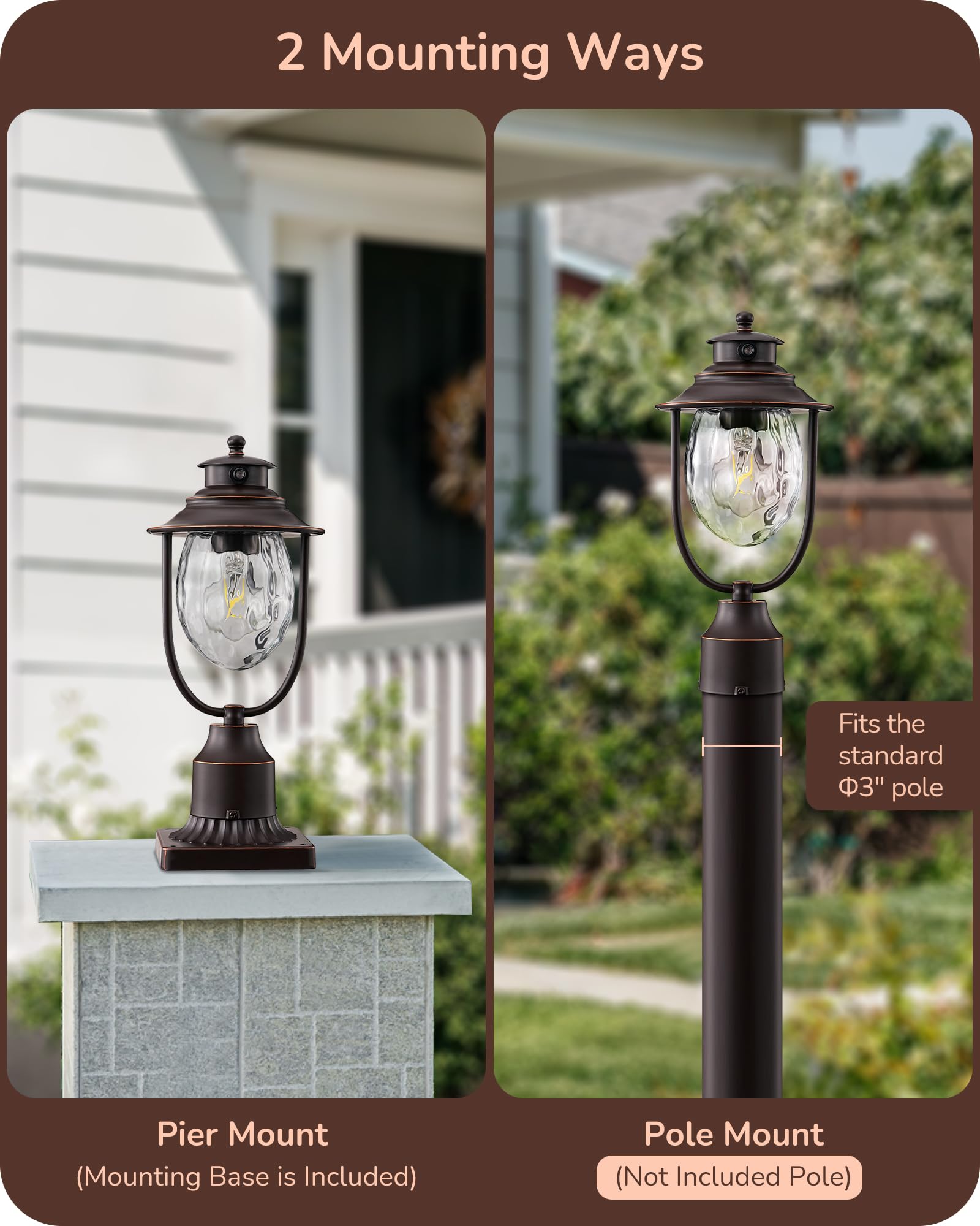 EDISHINE Dusk to Dawn Outdoor Post Light, Pole Light Fixture with Pier Mount Base, Waterproof Exterior Lamp Post Lantern Head with Water Ripple Glass for Driveway Yard Fence Garden Patio, Bronze