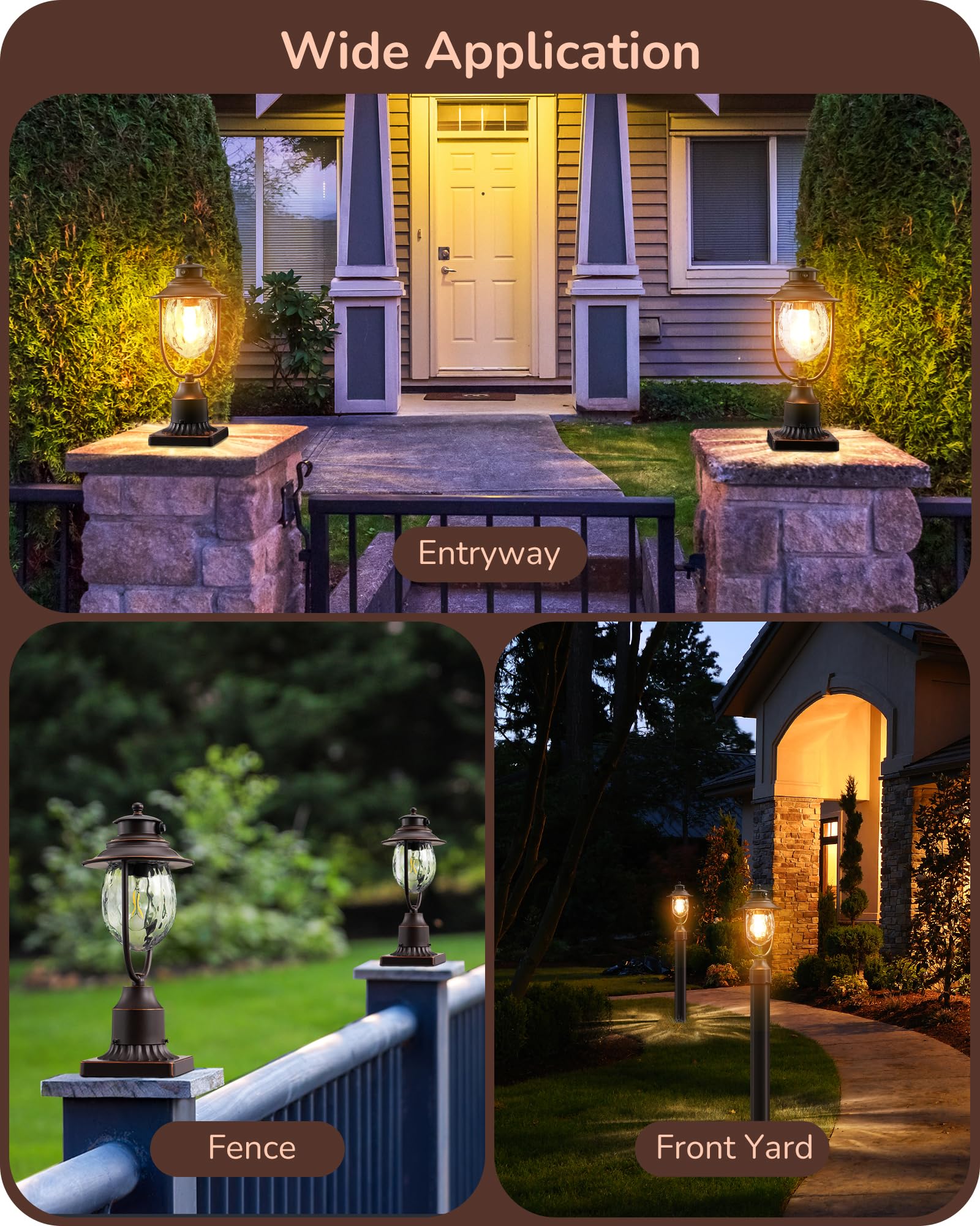 EDISHINE Dusk to Dawn Outdoor Post Light, Pole Light Fixture with Pier Mount Base, Waterproof Exterior Lamp Post Lantern Head with Water Ripple Glass for Driveway Yard Fence Garden Patio, Bronze