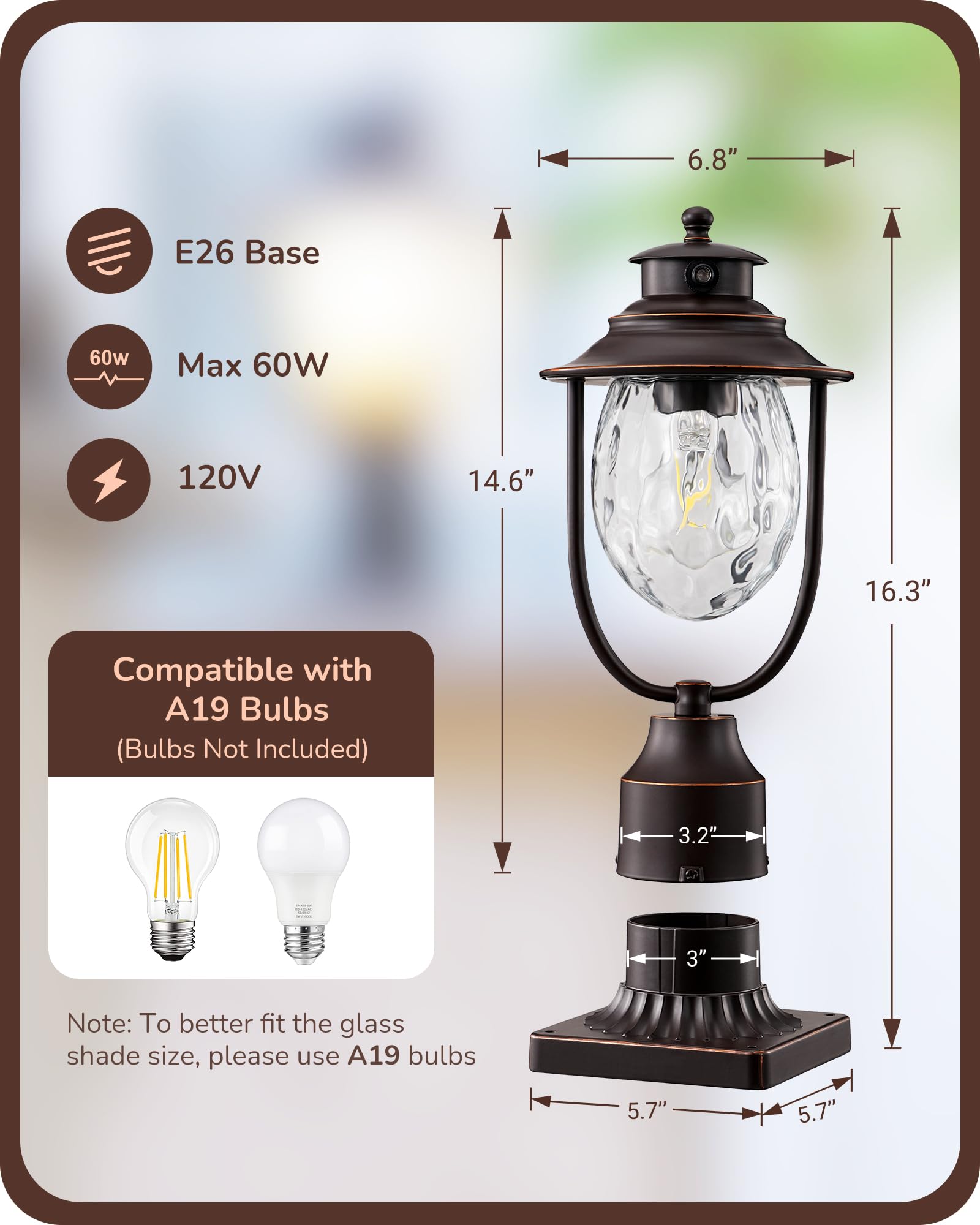 EDISHINE Dusk to Dawn Outdoor Post Light, Pole Light Fixture with Pier Mount Base, Waterproof Exterior Lamp Post Lantern Head with Water Ripple Glass for Driveway Yard Fence Garden Patio, Bronze