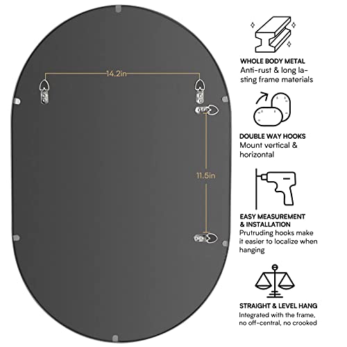 HOWOFURN Wall Mounted Mirror, 20’’x30’’ Oval Bathroom Mirror, Black Vanity Wall Mirror w/ Stainless Steel Metal Frame & Pre-Set Hooks for Vertical & Horizontal Hang, Ideal for Bedroom, Bathroom