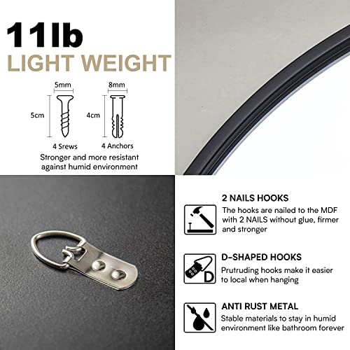 HOWOFURN Wall Mounted Mirror, 20’’x30’’ Oval Bathroom Mirror, Black Vanity Wall Mirror w/ Stainless Steel Metal Frame & Pre-Set Hooks for Vertical & Horizontal Hang, Ideal for Bedroom, Bathroom