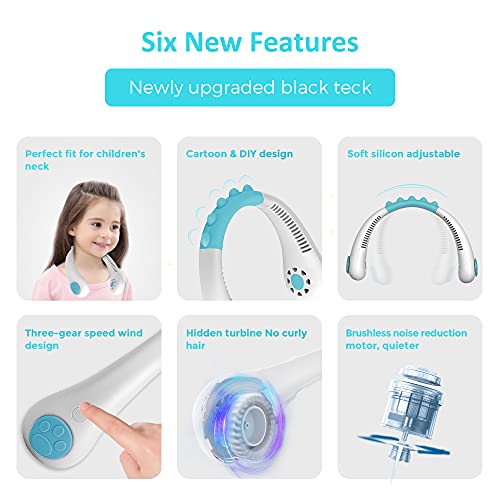 ICEBIRDS Portable Neck Fan for Kids 2021 New Bladeless Fan, USB Rechargeable Battery Operated Hanging Personal Mini Fan,Cartoon Headphone Design, Wearable Creative Leafless Fan,3 Speeds-Snow White