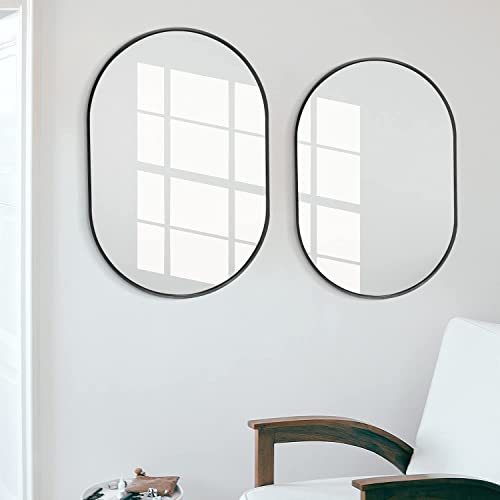 HOWOFURN Wall Mounted Mirror, 20’’x30’’ Oval Bathroom Mirror, Black Vanity Wall Mirror w/ Stainless Steel Metal Frame & Pre-Set Hooks for Vertical & Horizontal Hang, Ideal for Bedroom, Bathroom
