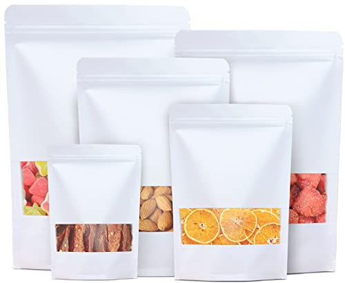 DMPACKDM 50Pcs Kraft Stand Up Pouch Bags, 7.1 x 10 Inches Kraft Stand Up Pouches with Window,Resealable Zip Lock, Heat-Sealable,Suitable for Home or Business.