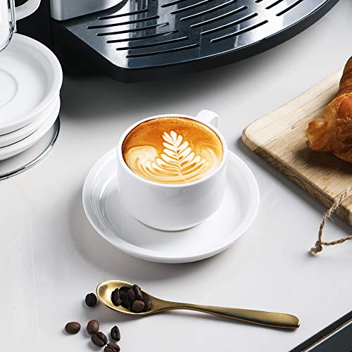 SWEEJAR Porcelain Espresso Cups with Saucers, 4 Ounce Stackable Cappuccino Cups with Metal Stand for Coffee Drinks, Latte, Tea - Set of 4 (Black)