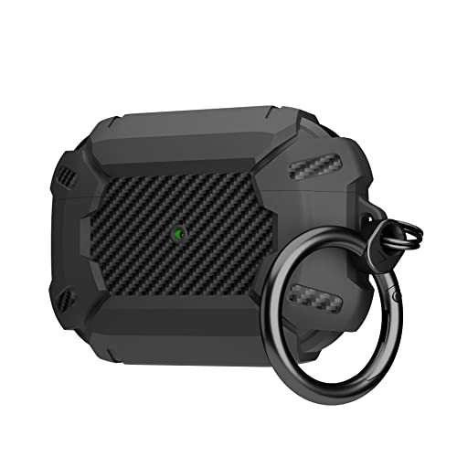 elkson Compatible with AirPods Pro Case, Secure Case Cover with Keychain Hard Shell Protective Bumper Carbon Fiber Full Body Shockproof for AirPod Pro, Black Exia Series Front LED Visible