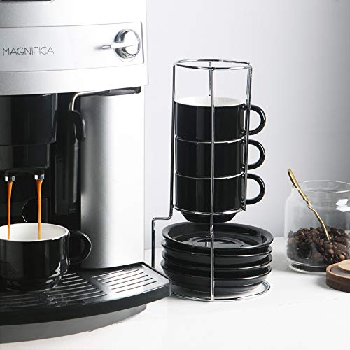 SWEEJAR Porcelain Espresso Cups with Saucers, 4 Ounce Stackable Cappuccino Cups with Metal Stand for Coffee Drinks, Latte, Tea - Set of 4 (Black)