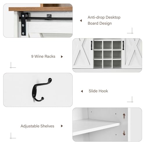 Farmhouse Coffee Bar Cabinet, 47'' Coffee Bar Station with 6 Hooks, Kitchen Coffee Bar with Hutch & 9 Wine Racks, Coffee Bars for Dining Room, White